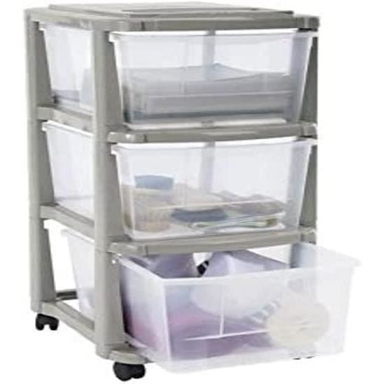 M-Home Commode de Rangement - 3 Tiroirs + Roulettes Plastique Gris ...