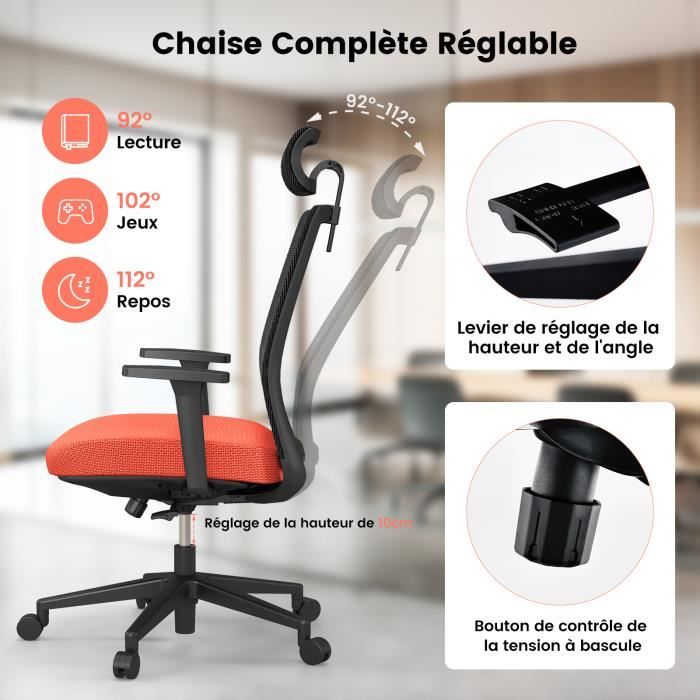 COSTWAY Fauteuil de Bureau Ergonomique, Hauteur d'assise Réglable 36-46 ...