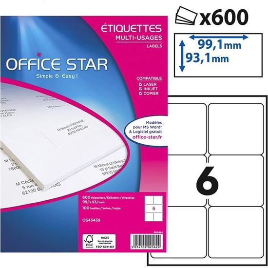 OFFICE STAR Boite de 600 étiquettes autocollantes blanches multi-usages ...