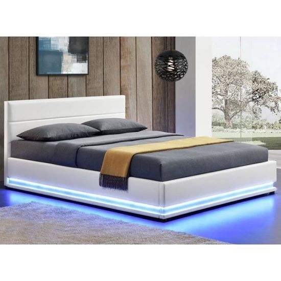 Lit à Led avec coffre de rangement similicuir blanc Dina 160x200 cm ...