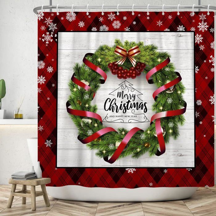 152x183cm Joyeux Noël Rideaux de Douche Pin Branche Anneau avec Cloches ...