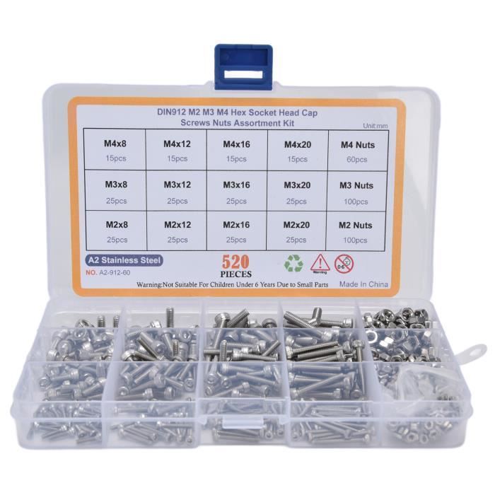 JIE Kit d'écrous de vis 520 pièces vis à tête hexagonale écrous 304 en acier inoxydable ...