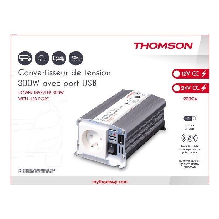 Convertisseur de tension - THOMSON - 24V/220 V - 300 W - Avec prise USB ...