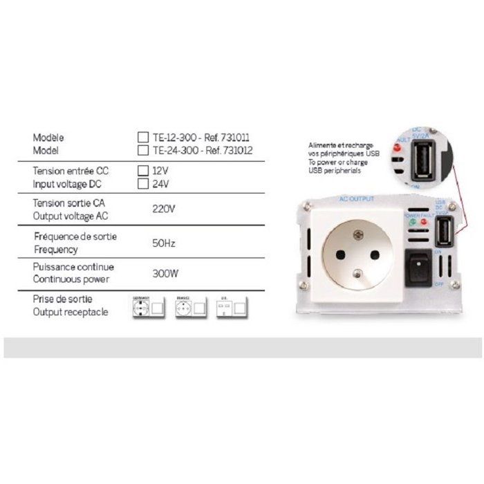 Convertisseur de tension - THOMSON - 24V/220 V - 300 W - Avec prise USB ...