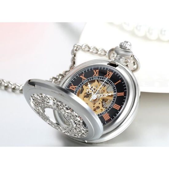 Montre De Poche Gousset Squelette Mécanique Manuel Rayure Fleur Ciselée Chiffre Romain Pendentif ...
