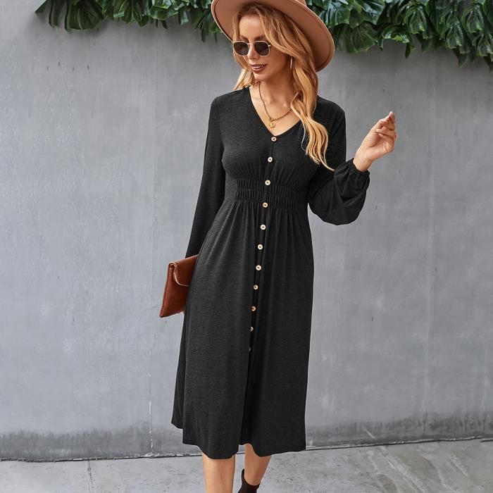 Robe Femme Ete Bohème Sexy Col En V Chic Elegant Manches Longues Noir