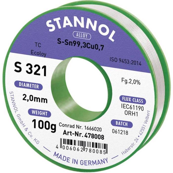 Stannol S321 2,0% 2,0MM SN99,3CU0,7 CD 100G Étain à souder sans plomb ...