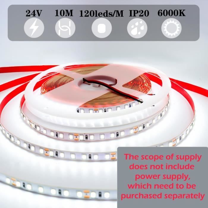 Bande Led 10M Blanc Froid 6000K 24V Ruban Led Autocollante, 1200 Pièces 2835 Led, Bande Dimmable ...