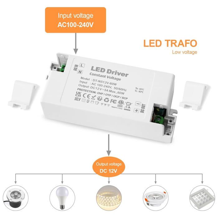 Transformateur 220V 12V LED 60W, alimentation 12v 60w 5A, Ultra Fin ...