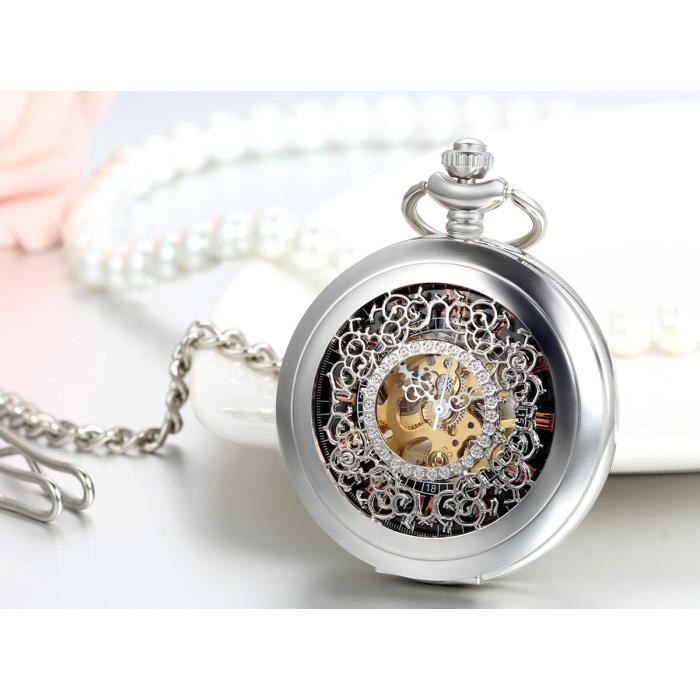 Montre De Poche Gousset Squelette Mécanique Manuel Rayure Fleur Ciselée Chiffre Romain Pendentif ...