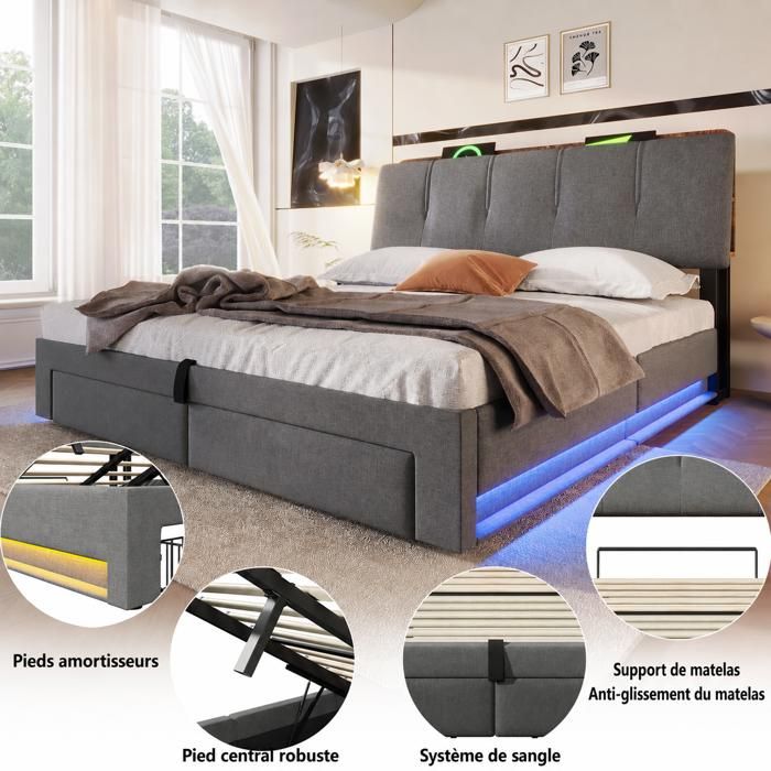 Lit Coffre Double 140x200 cm Lit Rembourré avec LED USB-C, Tiroirs ...
