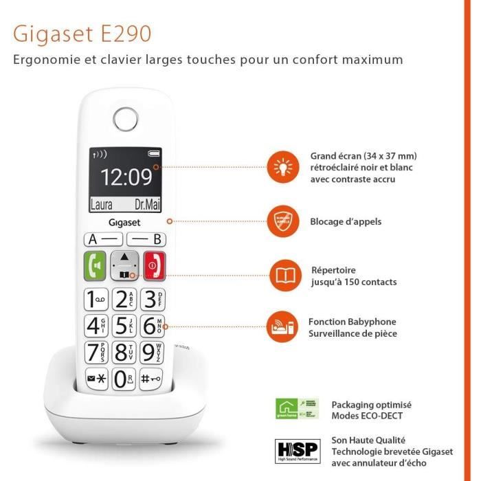 Téléphone Fixe sans Fil - GIGASET - E290 Duo Blanc - Grand écran - Larges touches - Audio Boost ...