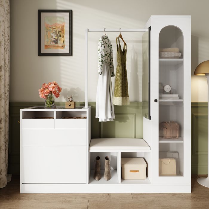 Meuble d'entrée 163x50x161 cm avec penderie, banc à chaussures, vitrine ...