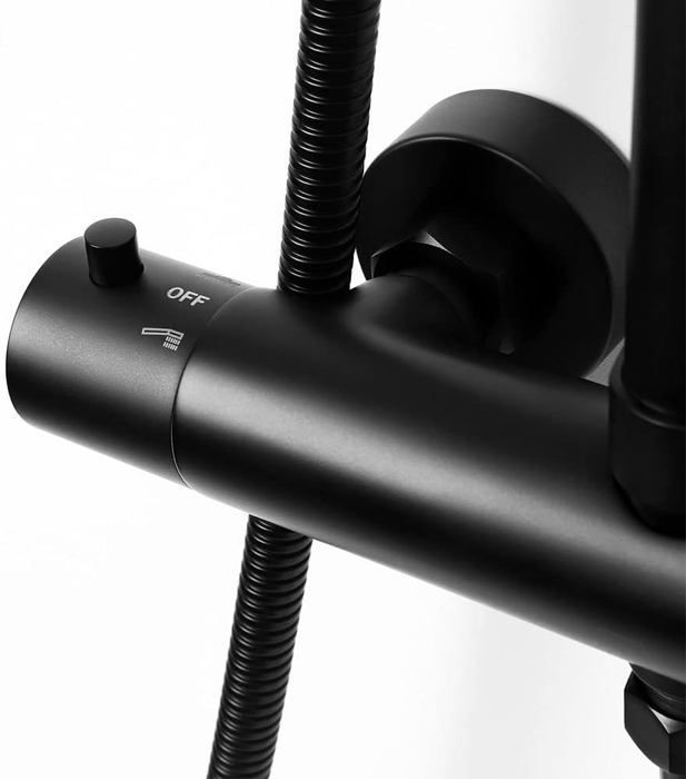 Colonne de douche thermostatique noire mate ronde. Tube réglable en hauteur de 83 à 120 cm.[G569 ...