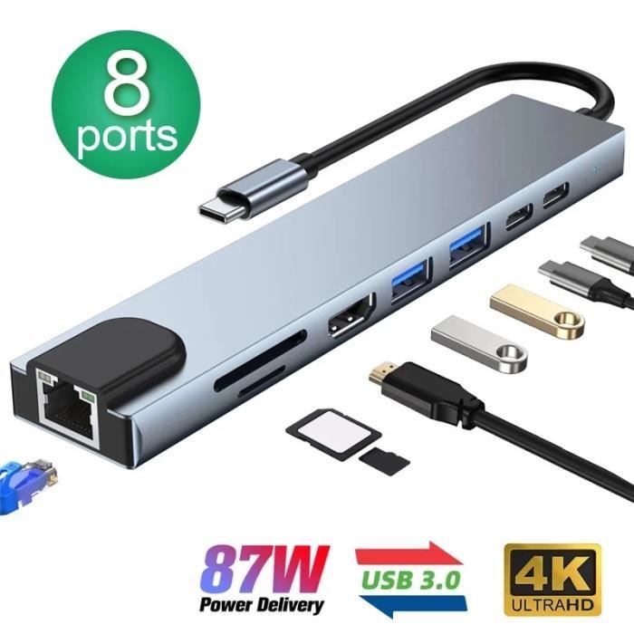 Concentrateur USB C 8 en 1 - Hub USB C 8 en 1 Type C 3.1 à 4K HDMI ...