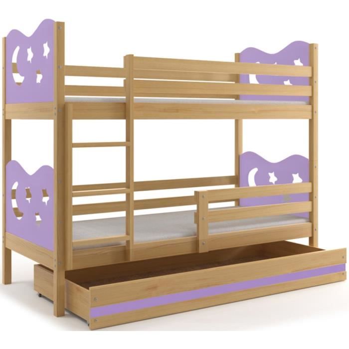 Lit superposé MIKO 200x90 PIN NATUREL+VIOLET avec sommiers et tiroir ...
