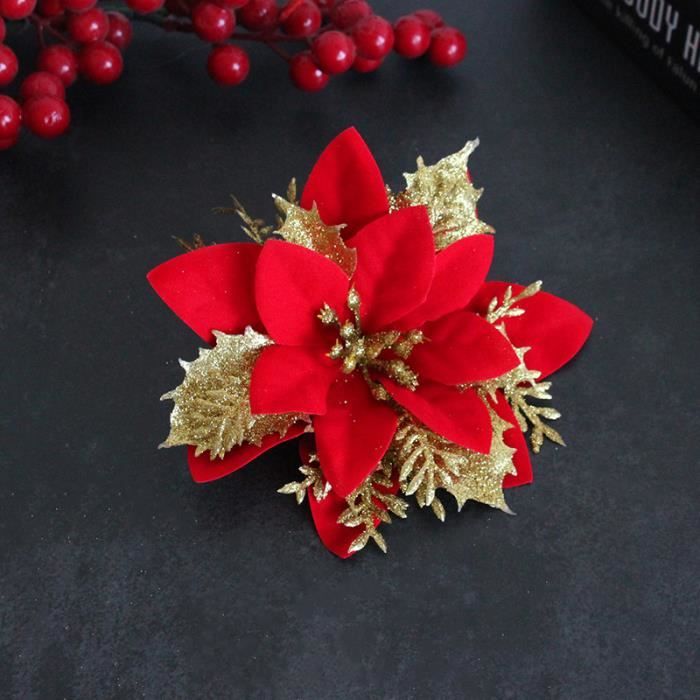Fleurs de Noël Artificielles - Poinsettia - 15 pièces - Rouge Doré - 14 ...