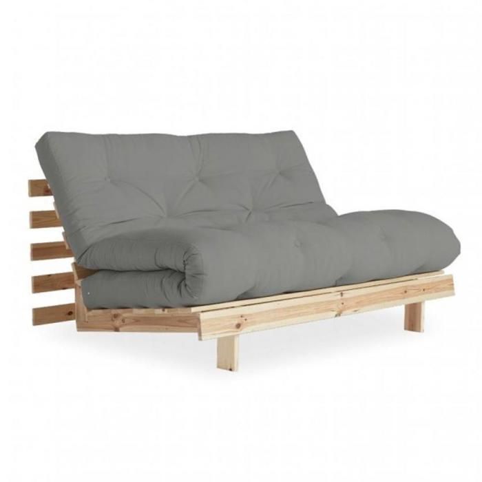 Canapé convertible futon ROOTS pin naturel tissu gris couchage 160x200 ...