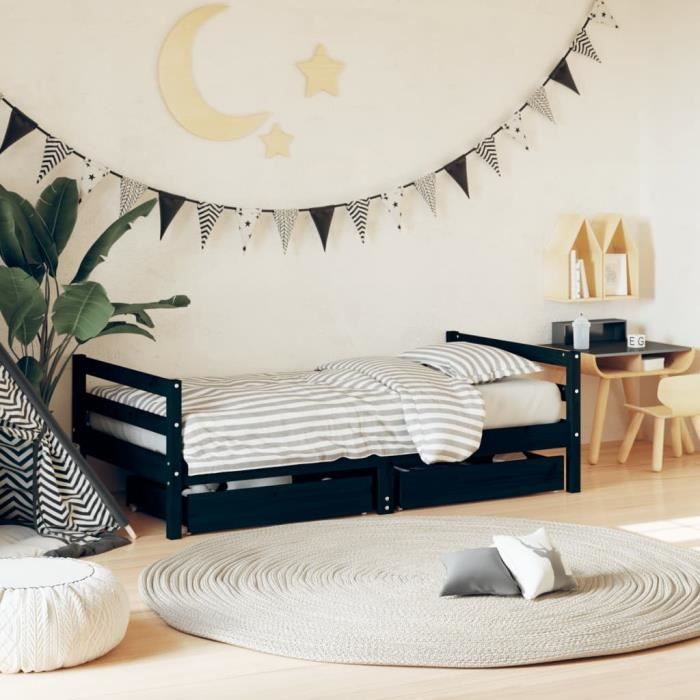 "SALE 2024" Cadre de lit pour enfant tiroirs noir 80x160 cm bois pin ...