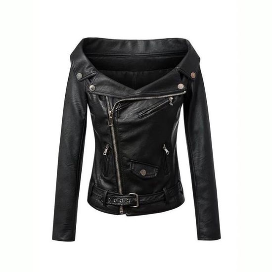 Sexy Slash Neck Pu Faux Cuir Manteaux Femmes Off Épaule Slim Oblique
