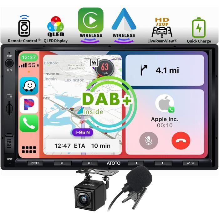 F7XE Autoradio 2 DIN, Dab+ intégré,CarPlay sans Fil & Android Auto sans ...
