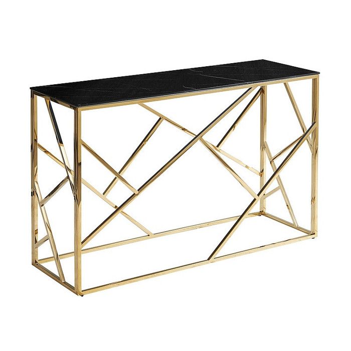 Table console design avec plateau en verre effet marbre et inox - Noir ...