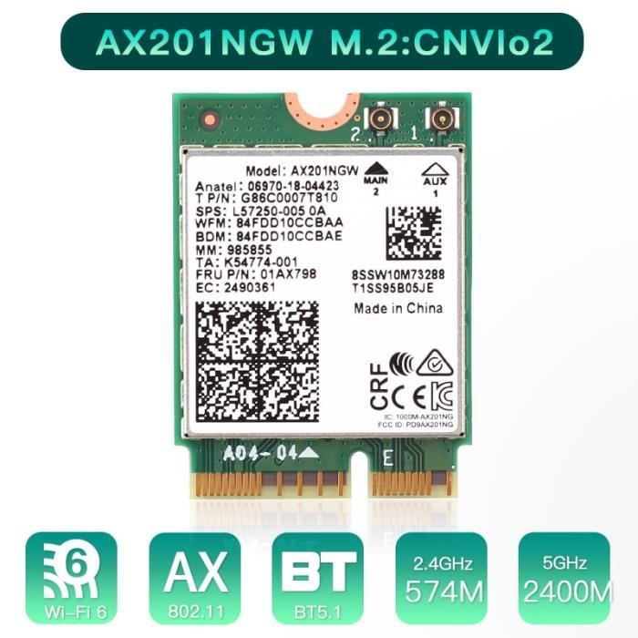 Carte Wi-fi 6 Intel Ax201 M.2 Key E Cnvio 2, 3000 Mb-s, Double Bande ...