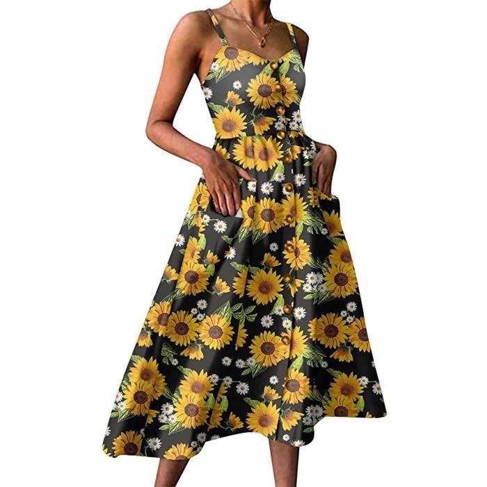 Poches pour femmes Robes d'été Floral Bohème réglable Tournesol Bouton ...