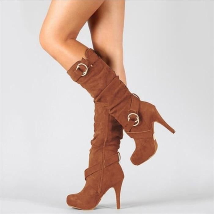 BOTTE Femme - Bottes extensibles à talons hauts pour femmes - Marron QB ...