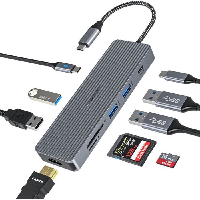 Hub USB C, Adaptateur USB C 9 en 1 avec HDMI 4K, PD 100 W, 3 Ports de données USB-A et USB-C3.0 ...