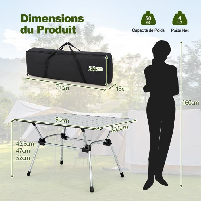COSTWAY Table de Camping Pliante en Aluminium pour 4-6 Personnes Charge ...