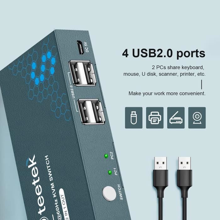 Kvm Hdmi Switch, 4K60Hz Kvm Switch 2 Pc 1 Monitor, 4 Usb2.0 Pour 2 ...