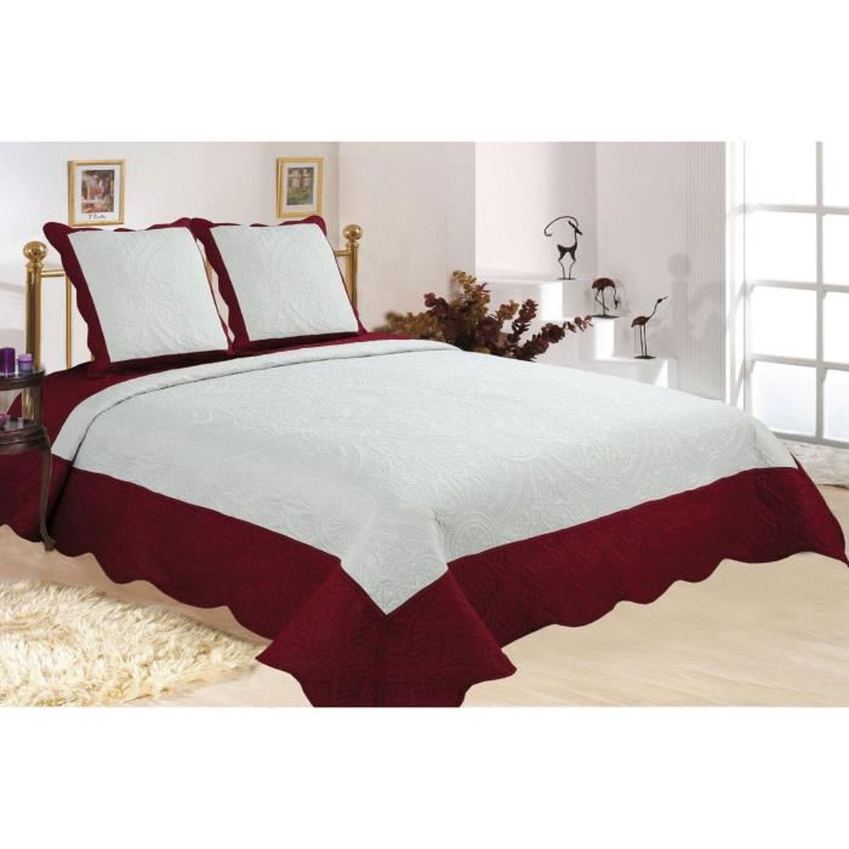 Couvre-lit boutis + 2 taies- 2 personnes - 230x250 - Naturel et rouge ...