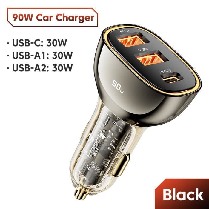 Couleur 2 USB 1 C 90W Noir chargeur de voiture à 3 Ports , PD, Charge rapide 3.0, USB C ...