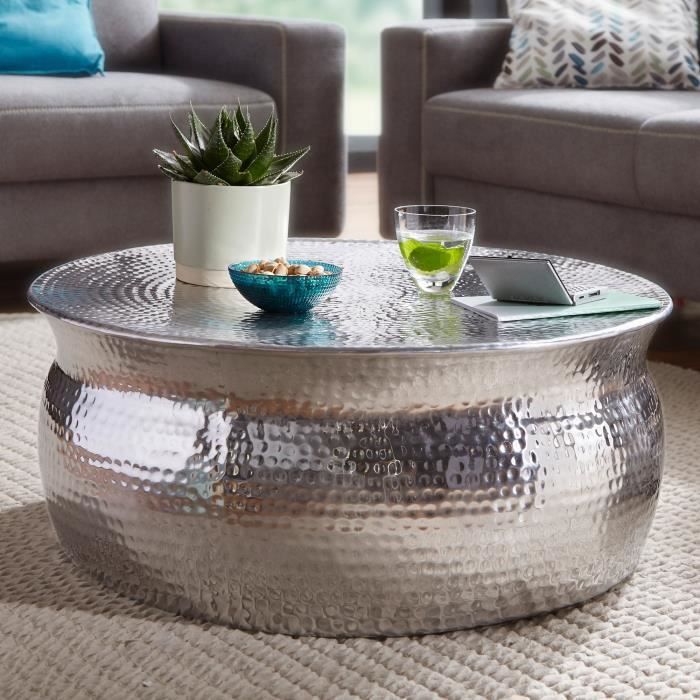 Table basse argenté design en aluminium L. 75 x P. 75 x H. 31 cm ...
