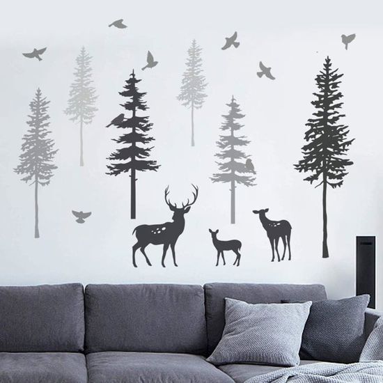 Sticker Muraux Arbres Cerf Autocollant Mural Animaux Foret Amovible ...
