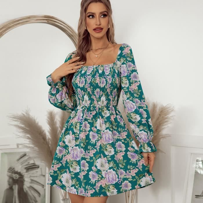 Robe Femme Ete Bohème Imprimé Floral Chic Elegant Vert Chuangna Vert