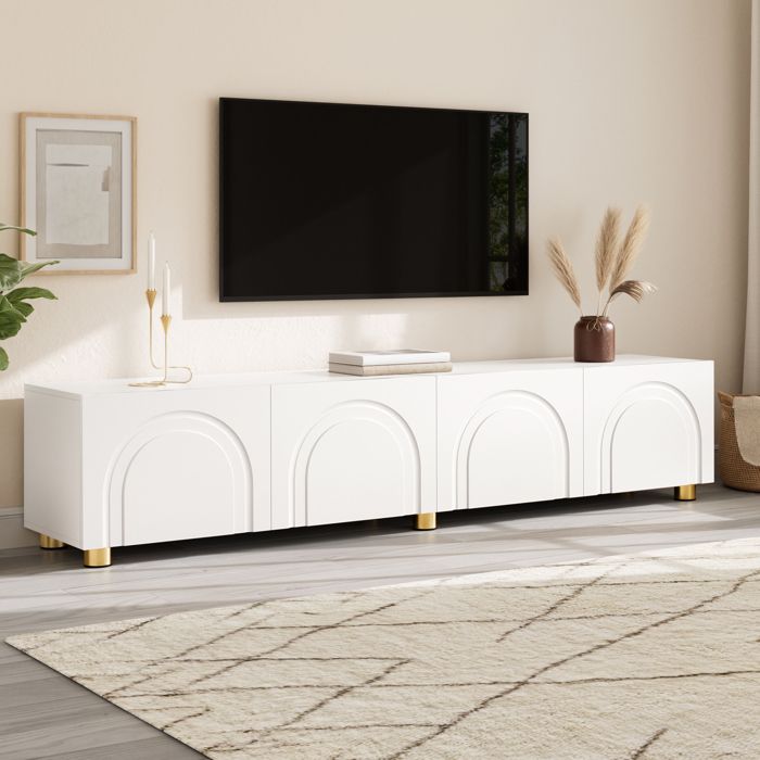 Meuble TV moderne 180 x 35 x 40 cm à 4 portes avec relief arche, pieds ...