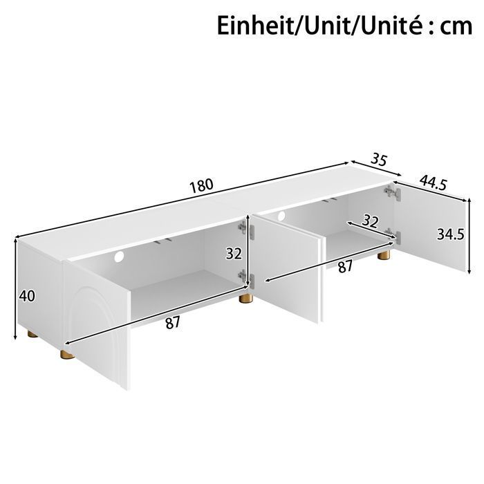 Meuble TV moderne 180 x 35 x 40 cm à 4 portes avec relief arche, pieds ...