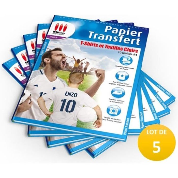 LOT DE 5 PACKS : 5X Papier Transfert pour T-shirts et Textiles Clairs ...