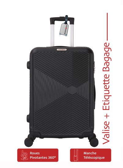 Valise Cabine 55cm ABS Rigide Jet Noir + Étiquette Bagage Offerte - 4 ...