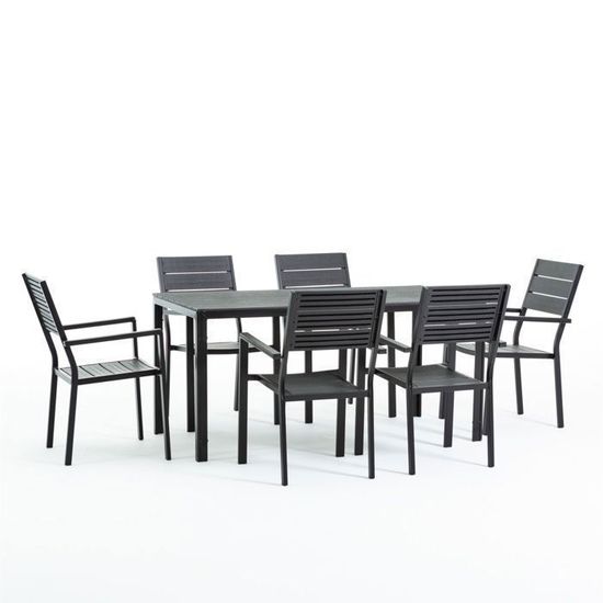 Set de jardin - THOMAS - Table rectangulaire en acier - 6 chaises ADELE - Effet bois - Design ...