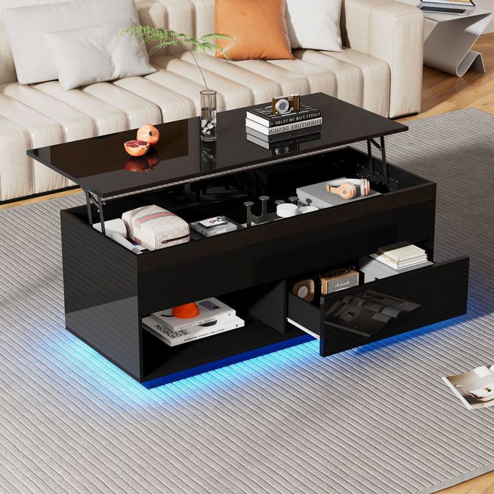 Table Basse Relevable Noir - 100x50x55cm - Espace de Rangement - Éclairage LED Intégré ...