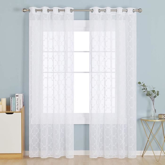 Deconovo Lot de 2 Rideaux Voilages Blanc Oeillet Brode à Oeillet Effet ...