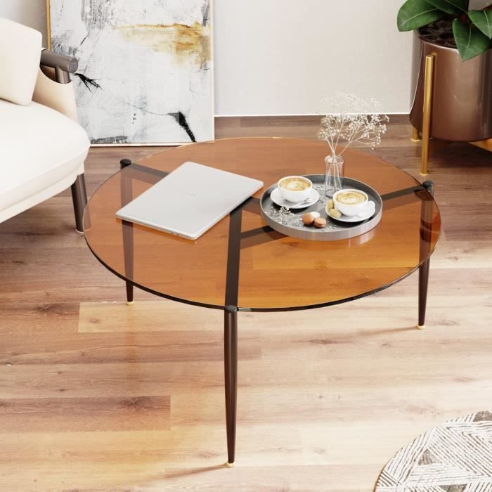 UNHO Table Basse Ronde en Verre Trempé Tables de Salon Cadre en Fer ...