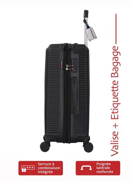 Valise Cabine 55cm ABS Rigide Jet Noir + Étiquette Bagage Offerte - 4 ...