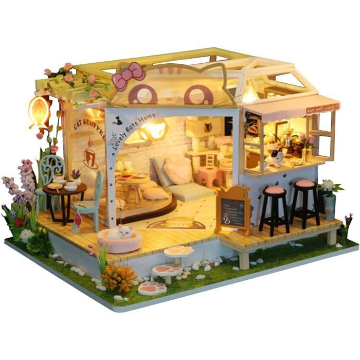 Miniature Wooden Cat Doll House Building Accessories with LED Lighting ...