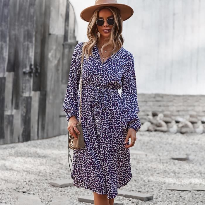 Robe Femme Ete Bohème Col En V Sexy Chic Manches Longues Bleu Navy