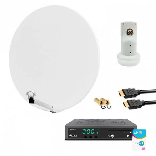 HDME KIT PARABOLE SATELLITE FIBRE BLANCHE 85CM + LNB SINGLE + RÉCEPTEUR TV FRANSAT AVEC CARTE ...