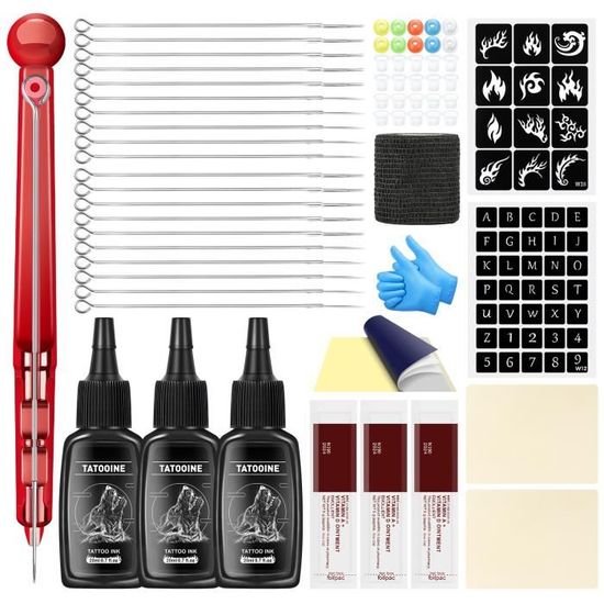 TATOOINE Kit de Tatouage Poke et Bâton à la Main Rouge Encre de Tatouage Noir 20ml 20pcs ...